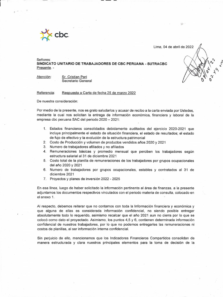 Informacion Economica CBC PERUANA S.a.C. | PDF