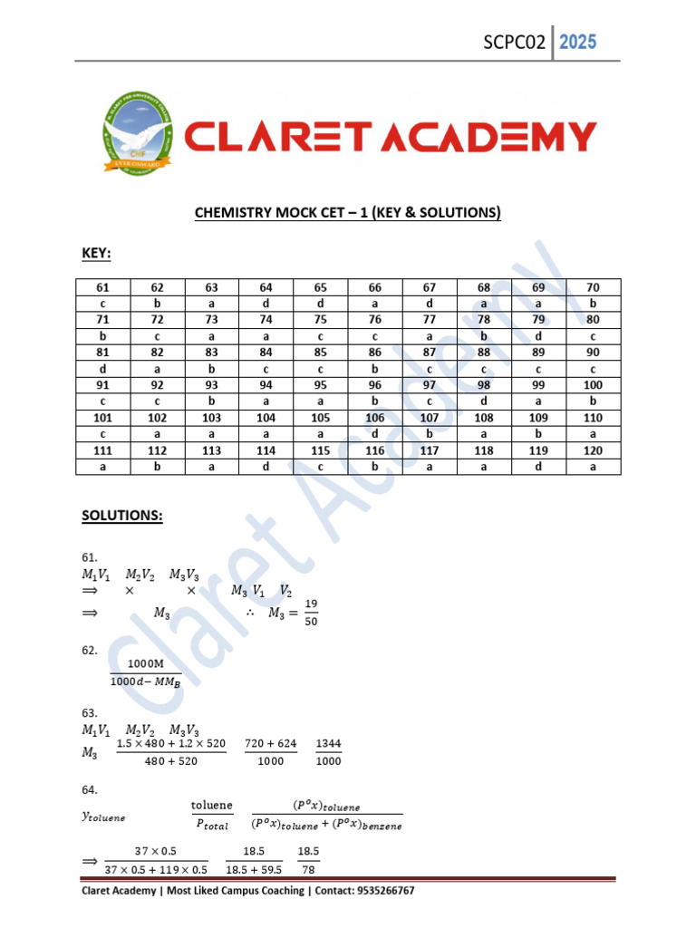 Chemistry - Mock Cet-2 - Solutions & Atomic Structure - Key & Solutions - 10.05.2025 | PDF ...