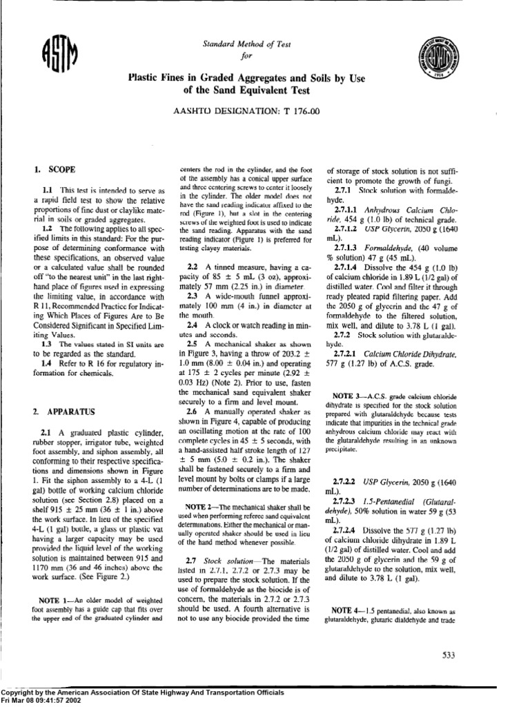 AASHTO T 176 Sand Equivalent Test | PDF