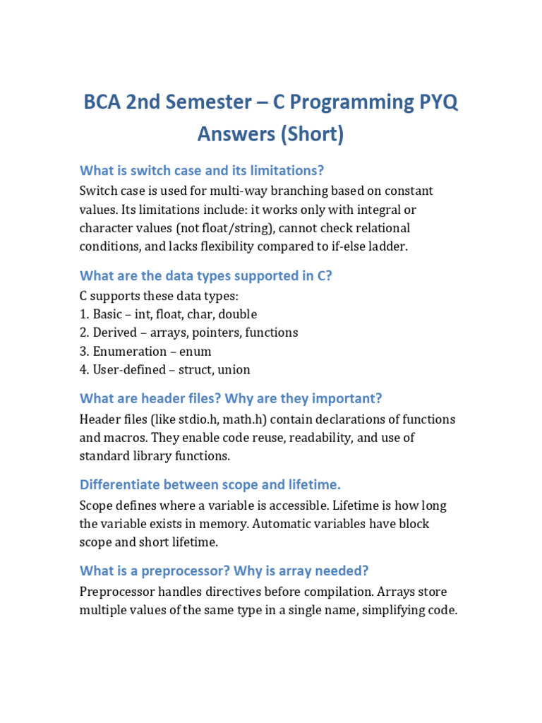 BCA 2nd Semester - C Programming PYQ With Answers | PDF | Pointer (Computer Programming ...