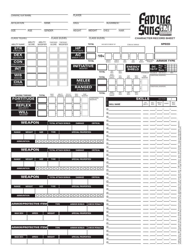 (Fading Suns) (US) (D20) - Sheets - Character Sheet - Expanded | PDF | D20 System | Role Playing
