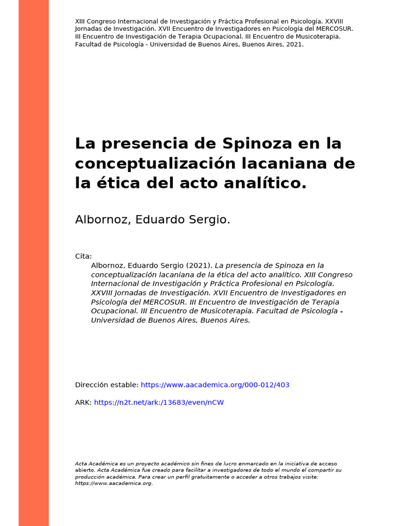 Albornoz, Eduardo Sergio (2021) - La Presencia de Spinoza | PDF | Jacques Lacan | Verdad