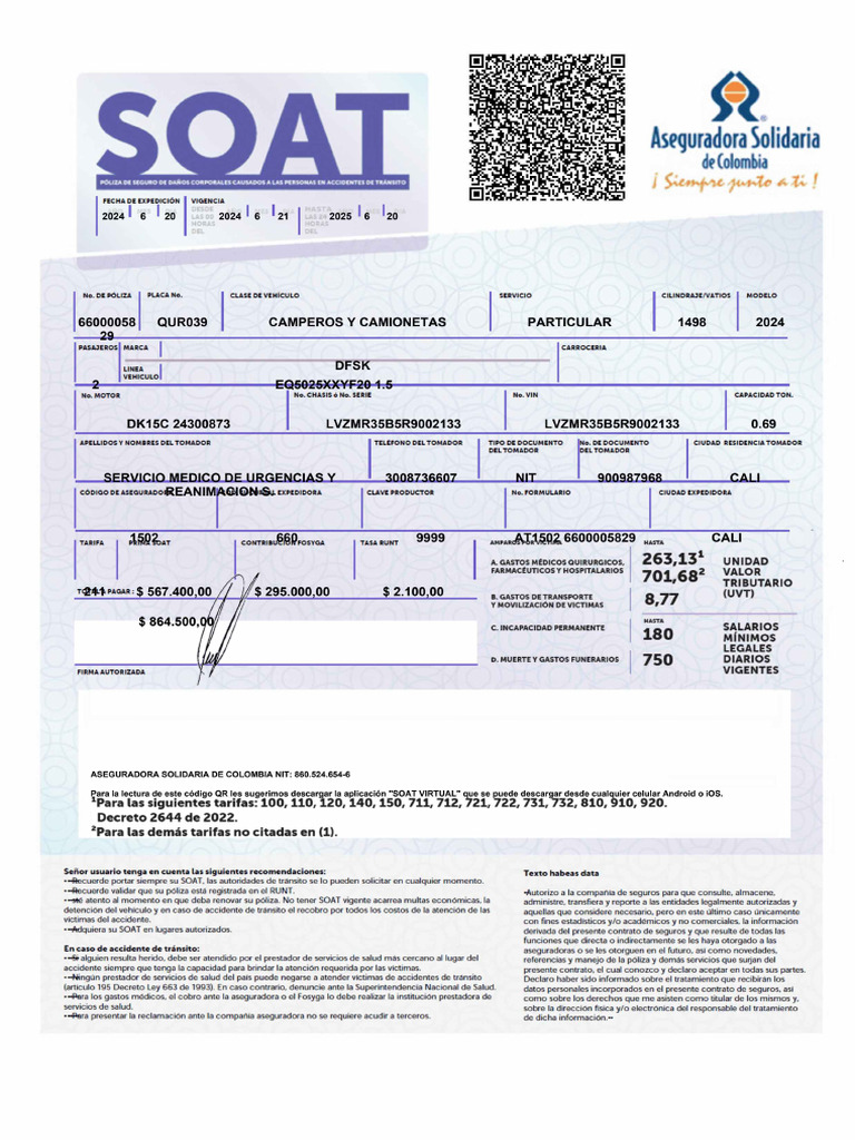 Soat M-320 Placa Qur039 Vig Jun 20 2025 | PDF