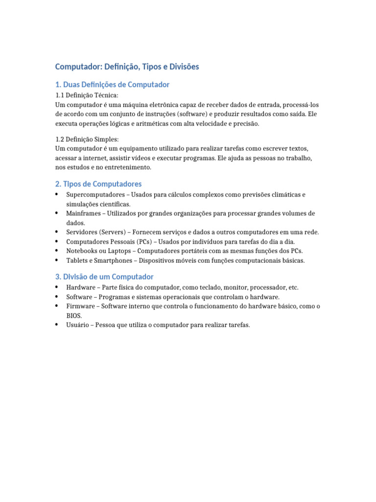 Tipos e Definições de Computadores | PDF