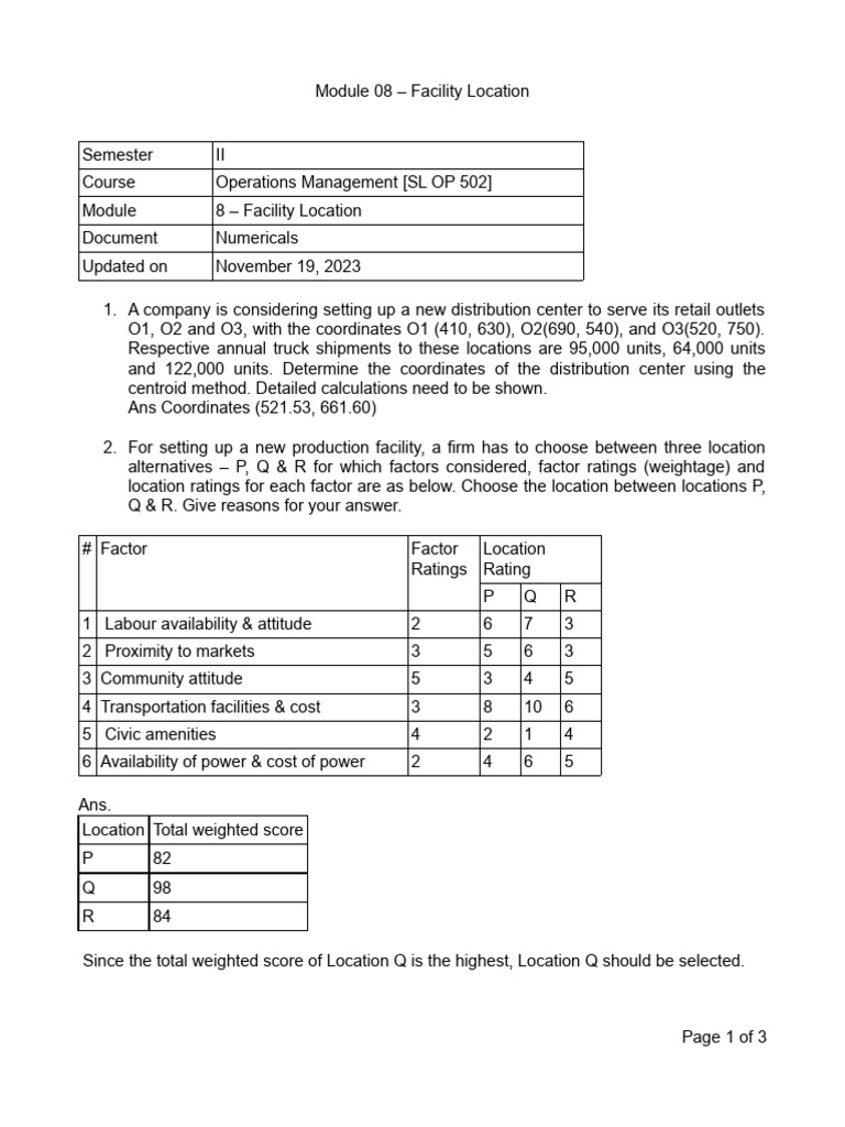 OM-Class of 2026-Pre Mid Term Numericals (Facility Location) | PDF