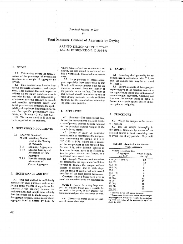 AASHTO T 255 Total Moisture Content of Aggregate by Drying | PDF
