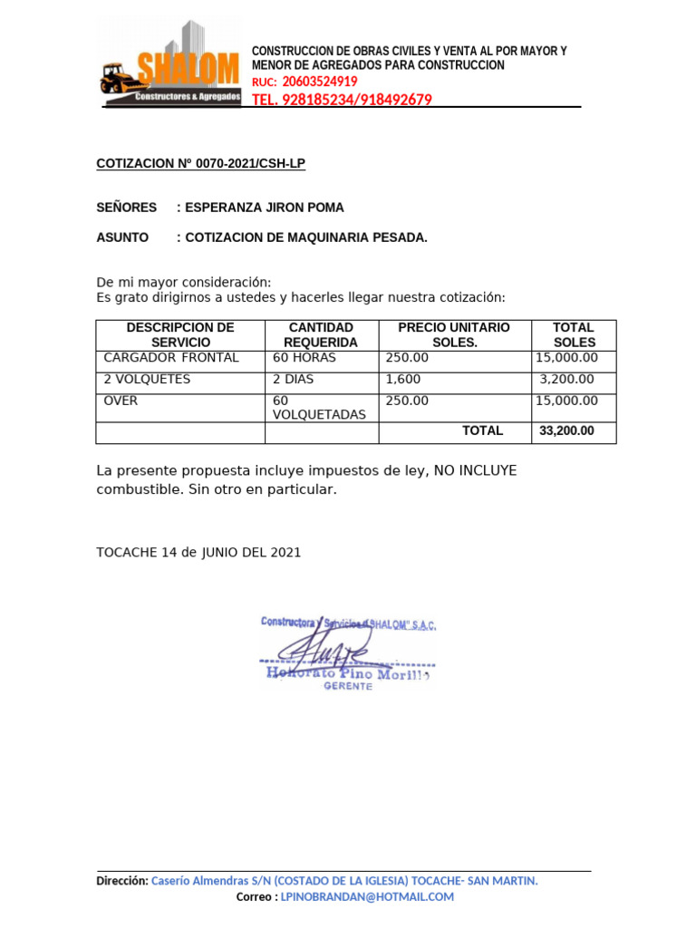Cotización de Maquinaria Pesada en Tocache | PDF