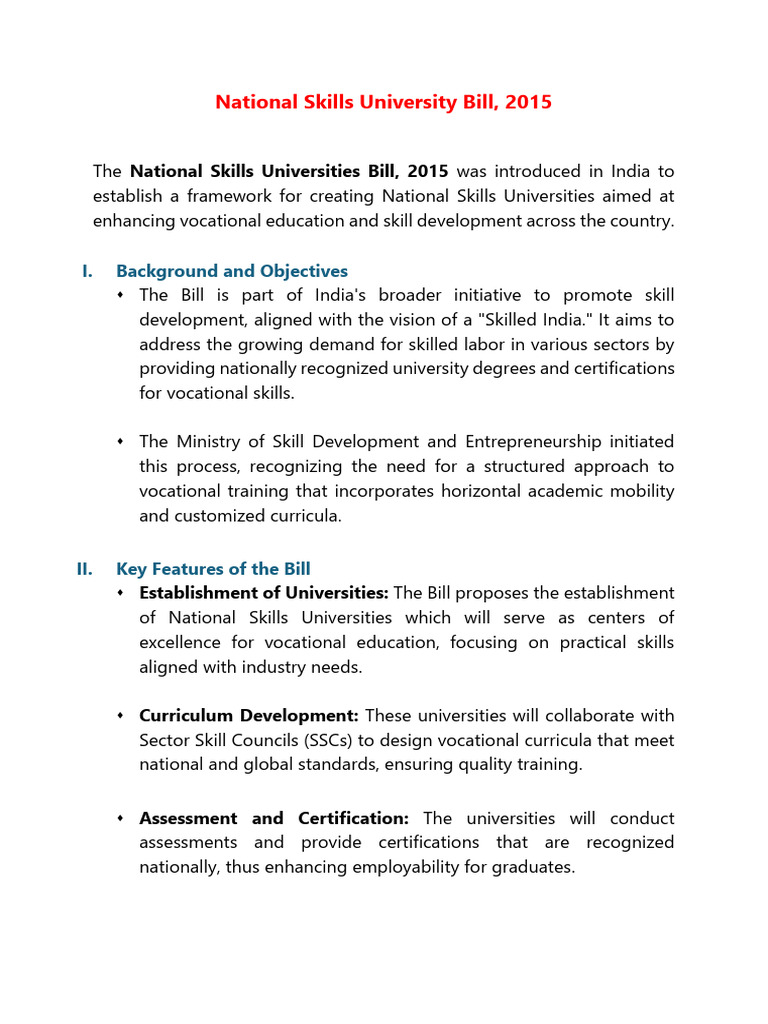 National Skills University Bill Overview | PDF | Curriculum ...