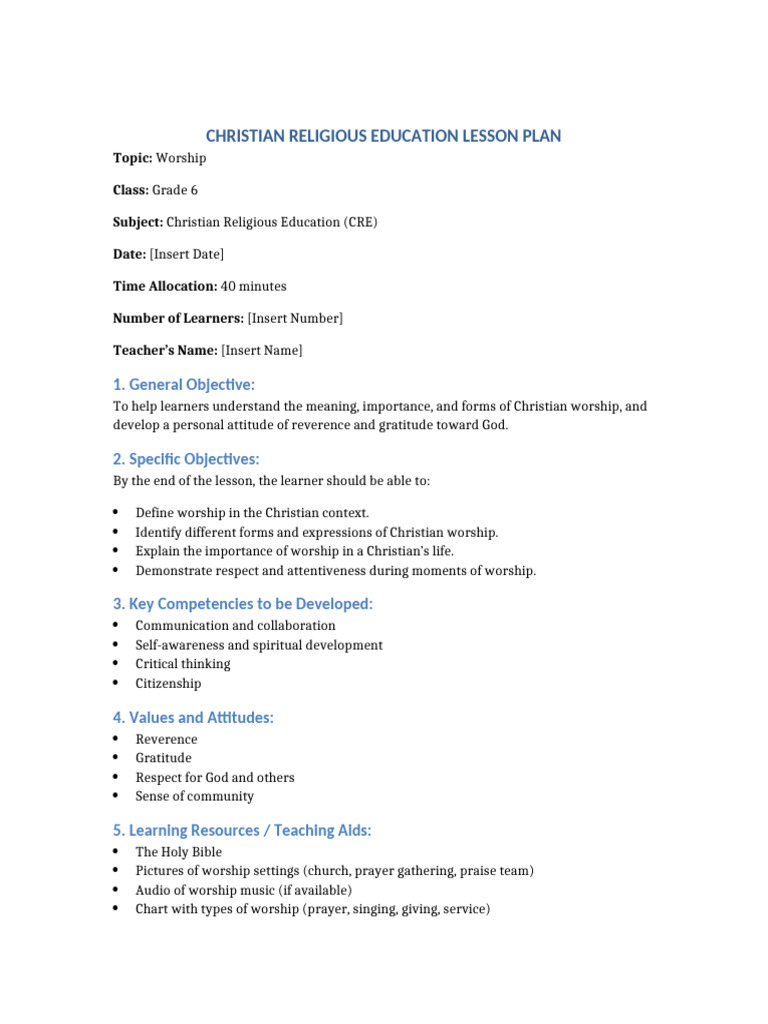 CRE Lesson Plan Worship | PDF | Worship | Prayer