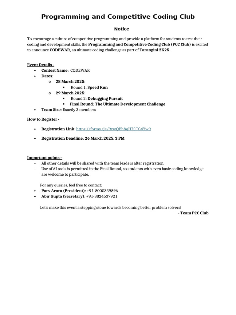 Codewar Notice | PDF