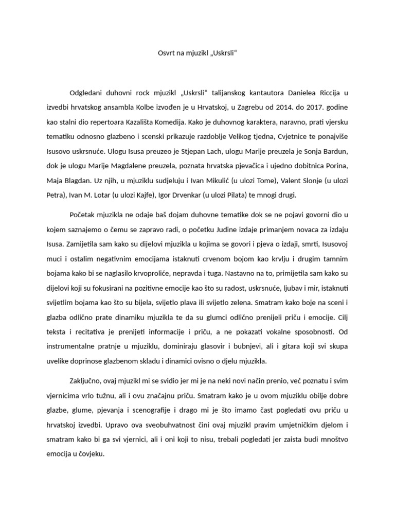 Osvrt na mjuzikl "Uskrsli" - Petra Nemarnik | PDF