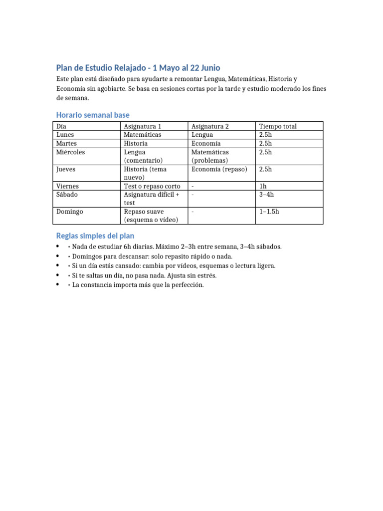 Plan Estudio Relajado | PDF