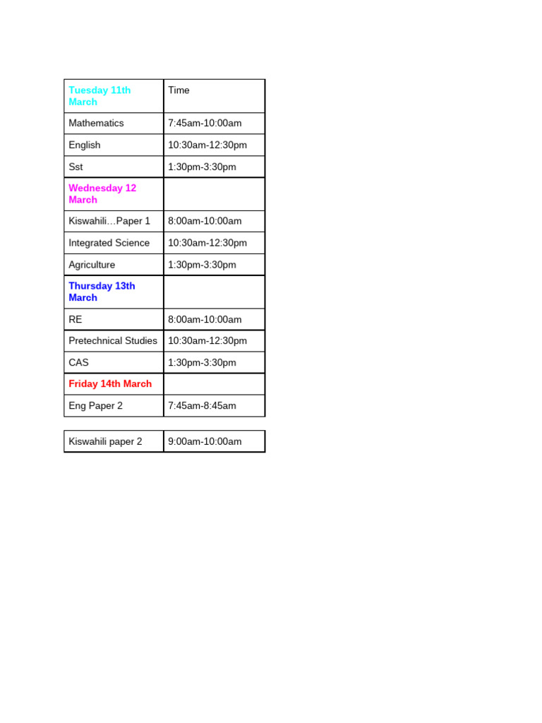 Cycle 2 Assessment Timetable 2025 Term 1 | PDF