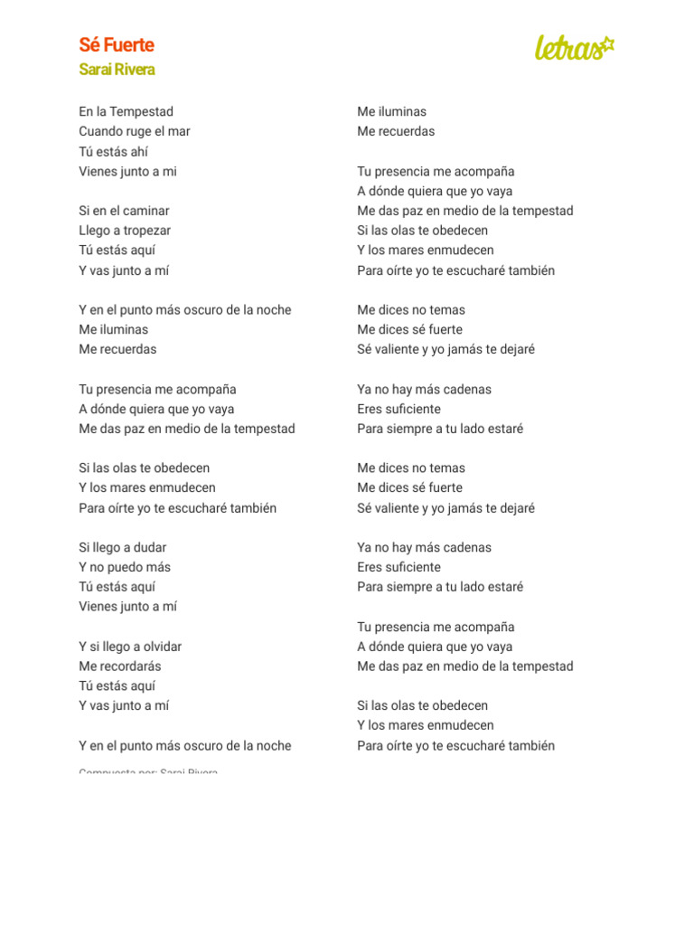 Letra de "Sé Fuerte" - Sarai Rivera | PDF