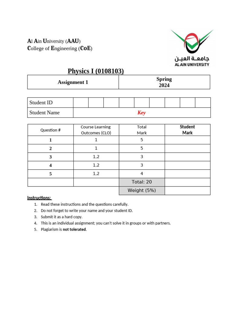 Key Assignment 1 Physics I Spring 2024 | PDF | Speed | Velocity