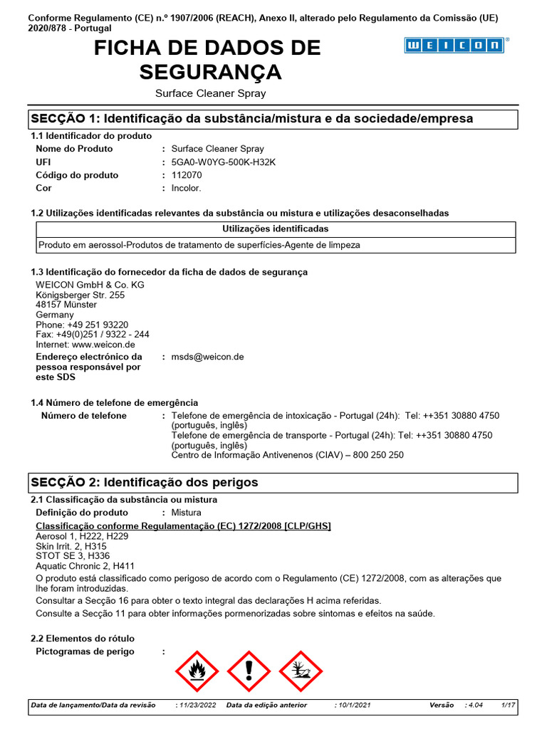 MSDS - 112070 - PT Ficha de Dados de Segurança Spray de Limpeza de ...