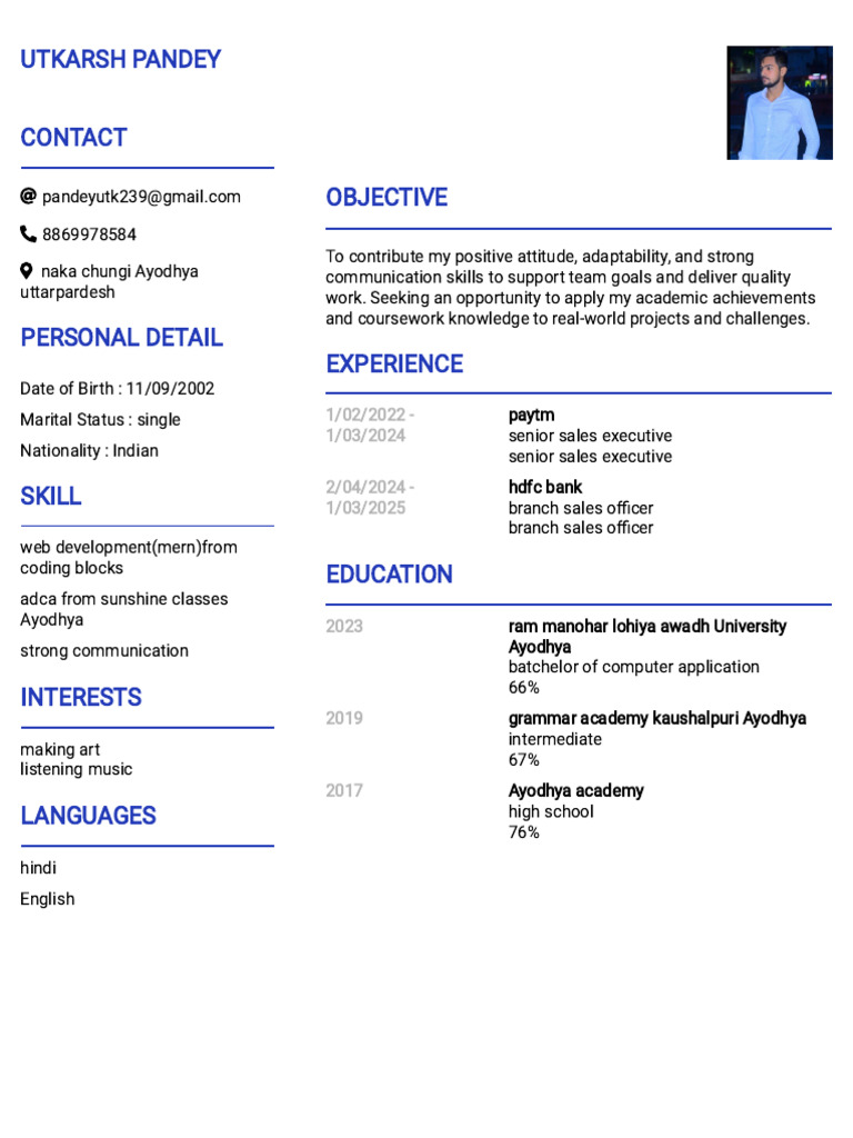 Utkarsh Pandey Contact Objective: 8869978584 Naka Chungi Ayodhya | PDF