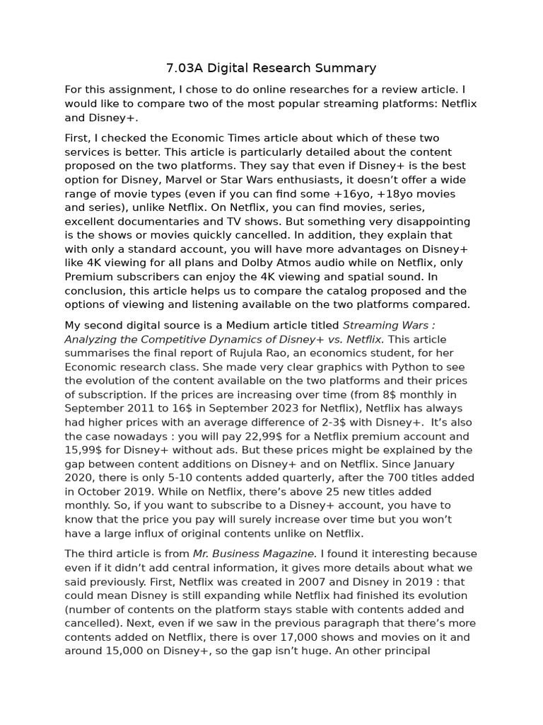 Digital Research Summary Netflix Vs Disney + | PDF | Netflix