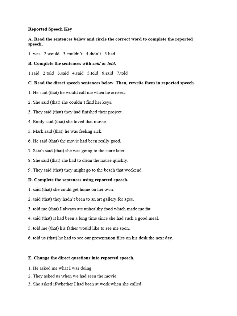 Reported Speech Key | PDF