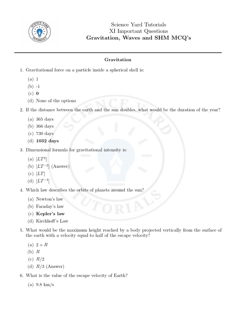 Class 11 Physics MCQ Gravitation SHM and Waves | PDF | Orbit | Waves