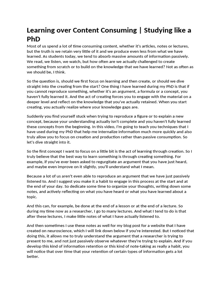 Learning Over Content Consuming - Studying Like A PHD | PDF | Knowledge ...