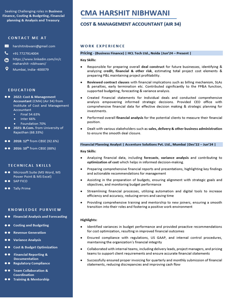 CMA Harshit Nibhwani CV (1) - 1-1 | PDF | Budget | Financial Analyst