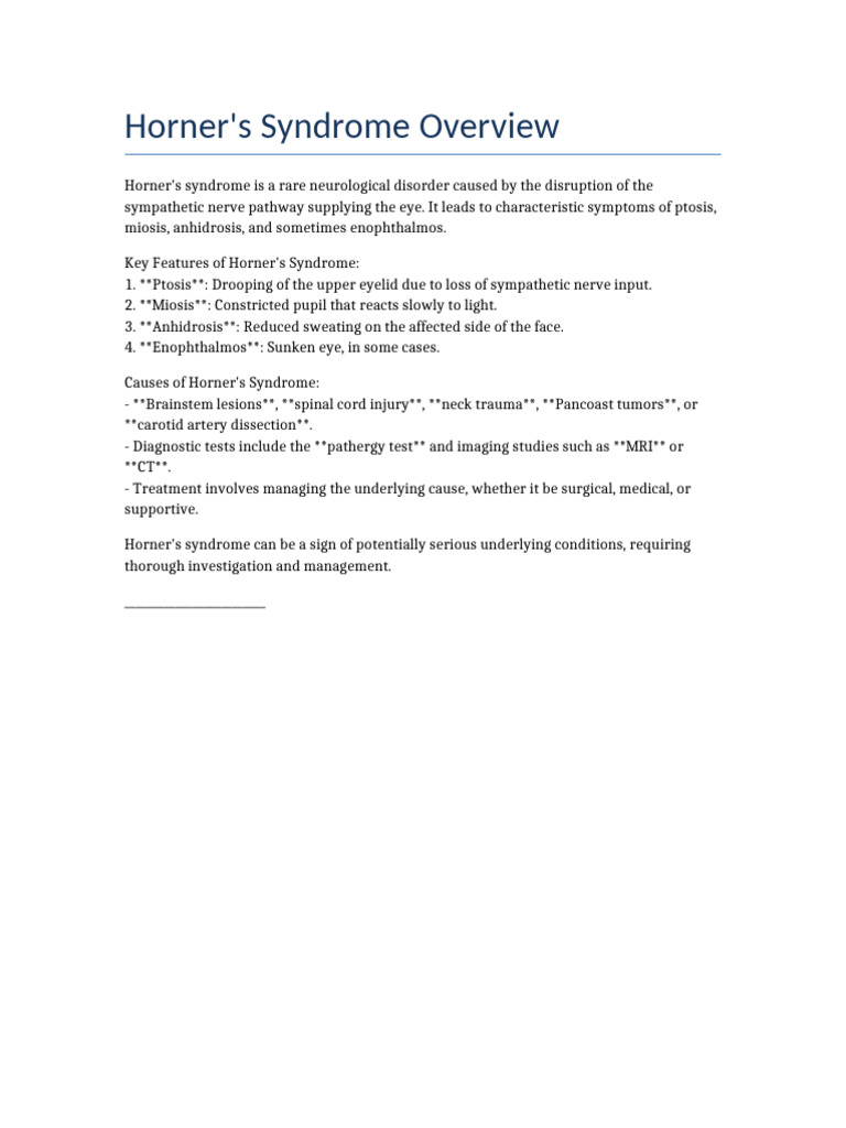 Horners Syndrome Overview | PDF
