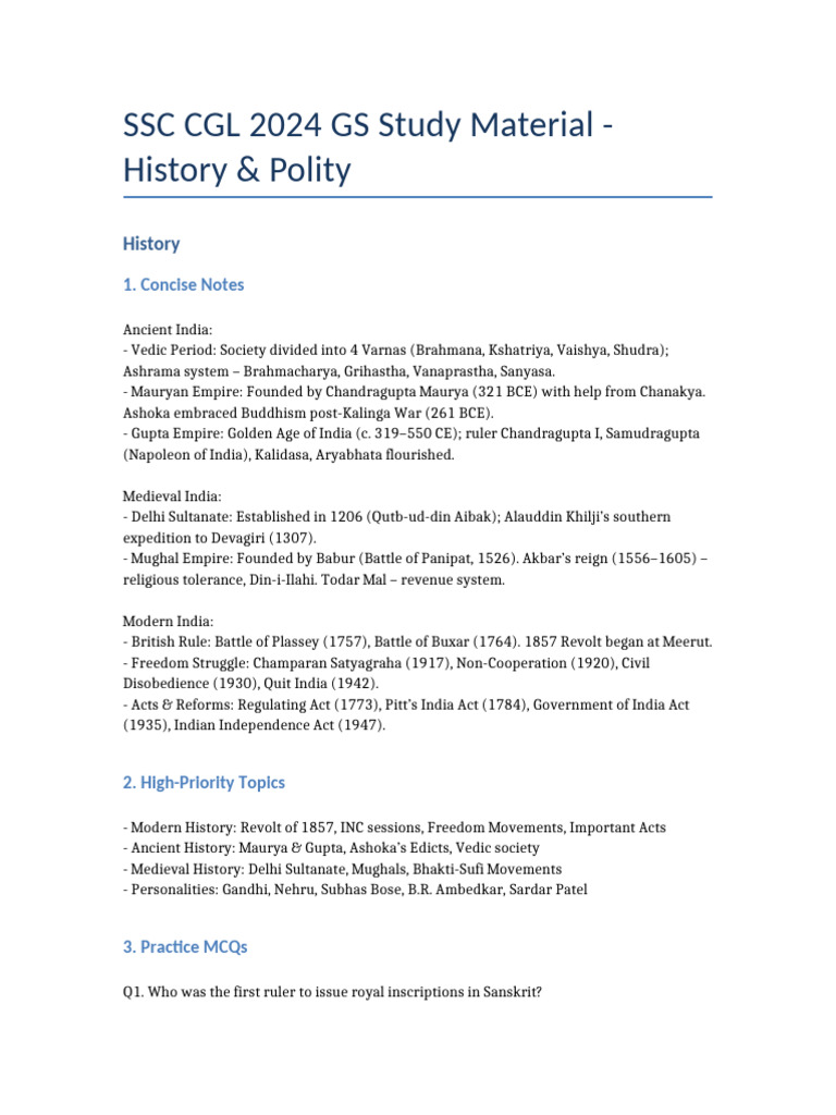 SSC CGL 2024 GS History Polity Notes | PDF | South Asia