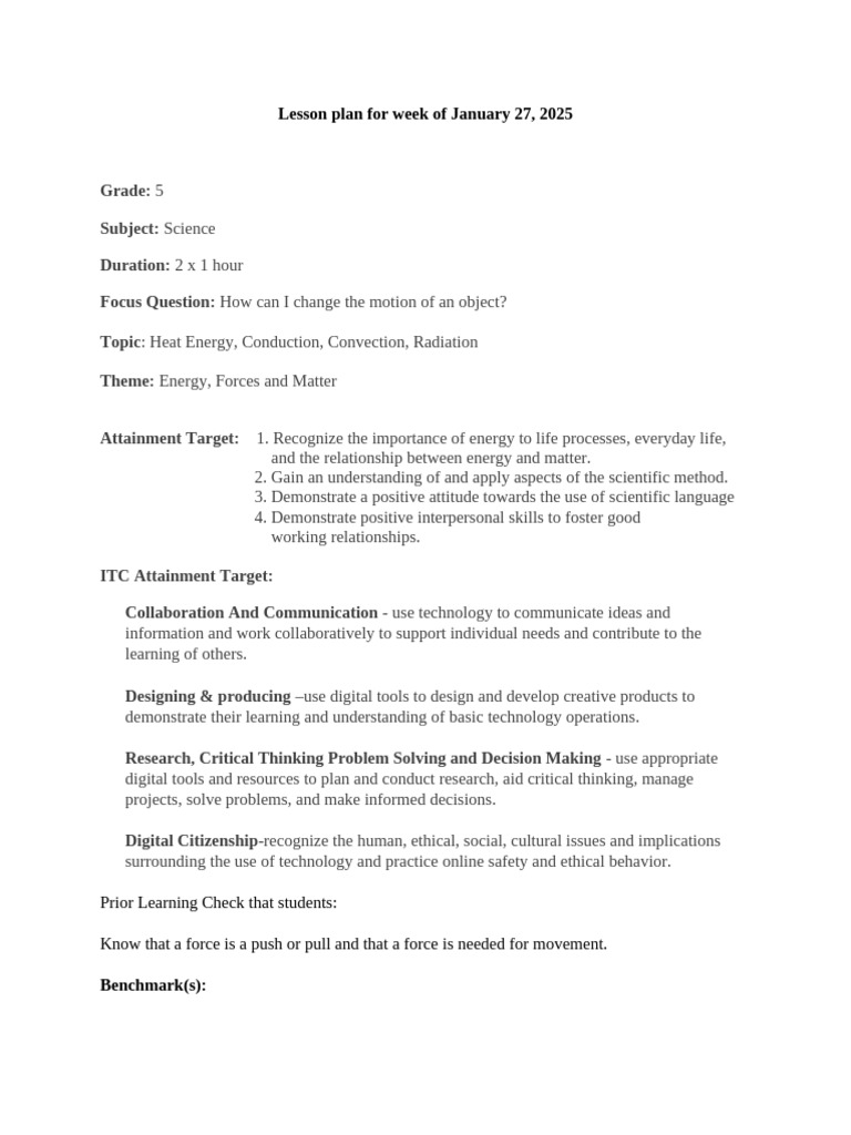 January 27, 2025 Science Lesson Plan | PDF | Convection | Water