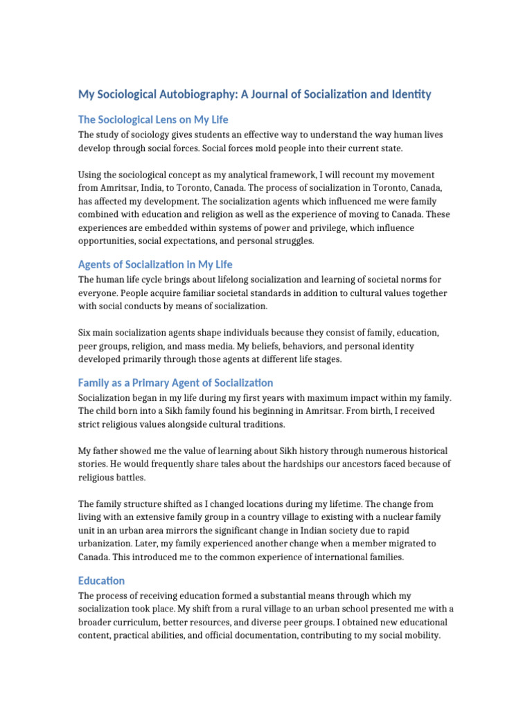 Sociological Autobiography | PDF | Socialization | Immigration
