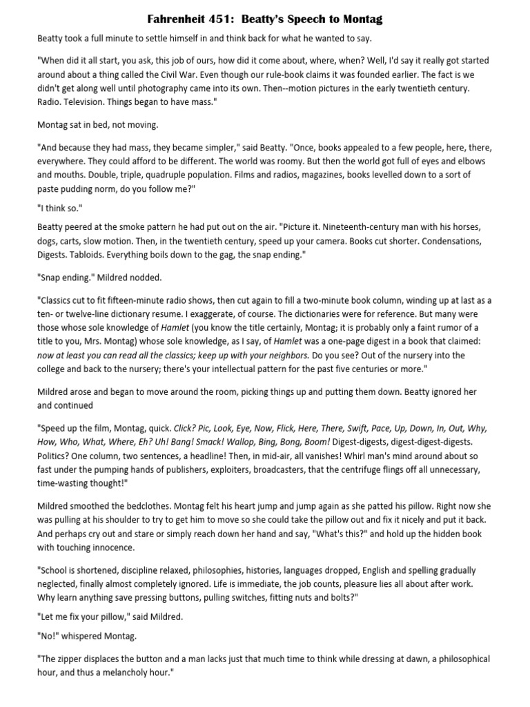 Beatty Speech To Montag Excerpt | PDF