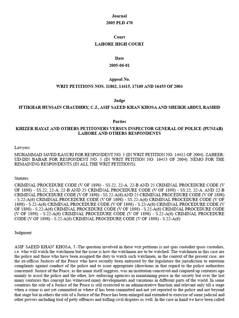 PLD 2005 Lah 470 | PDF | Justice Of The Peace | Police