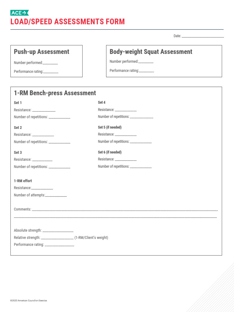 ACE Load-Speed Assessments Form | PDF | Weight Training | Physical Exercise