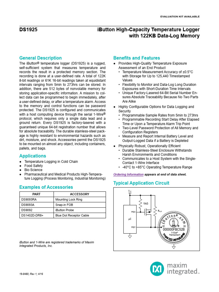 Ds1925 Ibutton High-Capacity Temperature Logger With 122Kb Data-Log Memory | PDF | Read Only ...