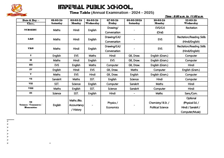 Revised Time Table of Annual Examination - 2024-2025 | PDF
