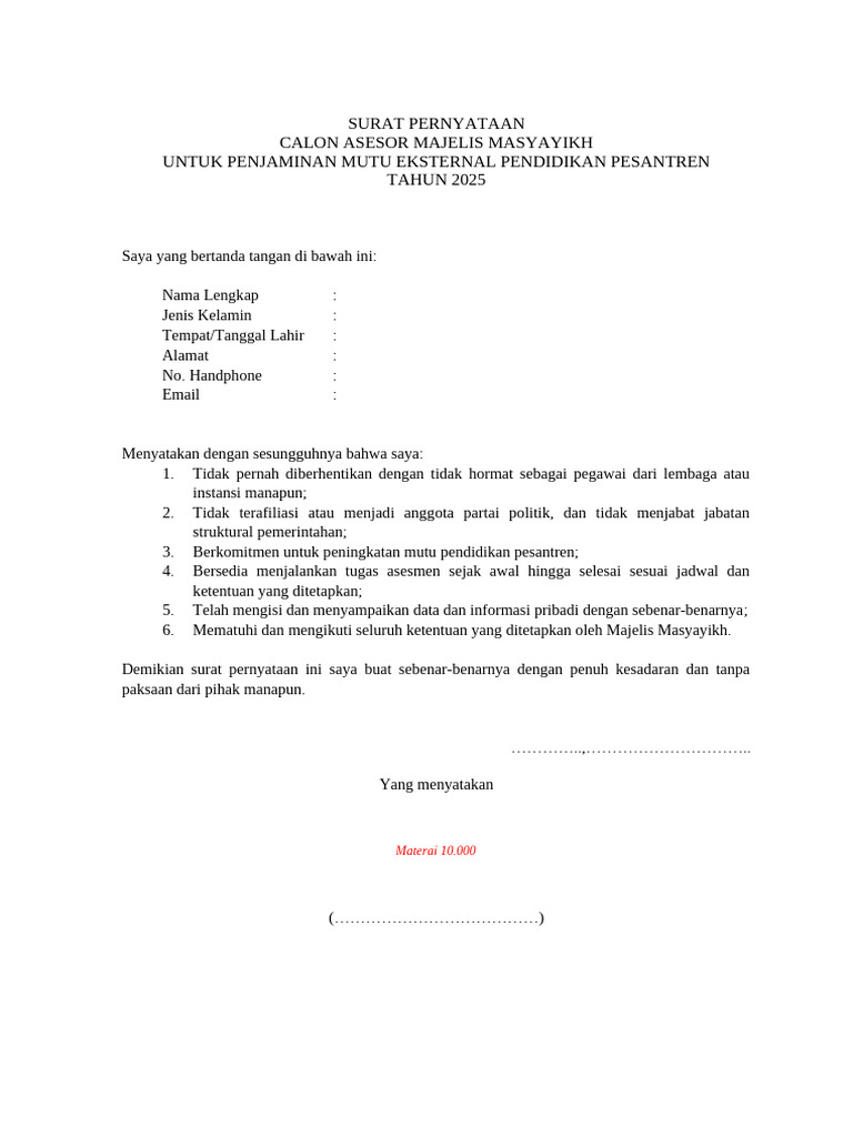Surat Pernyataan Asesor | PDF
