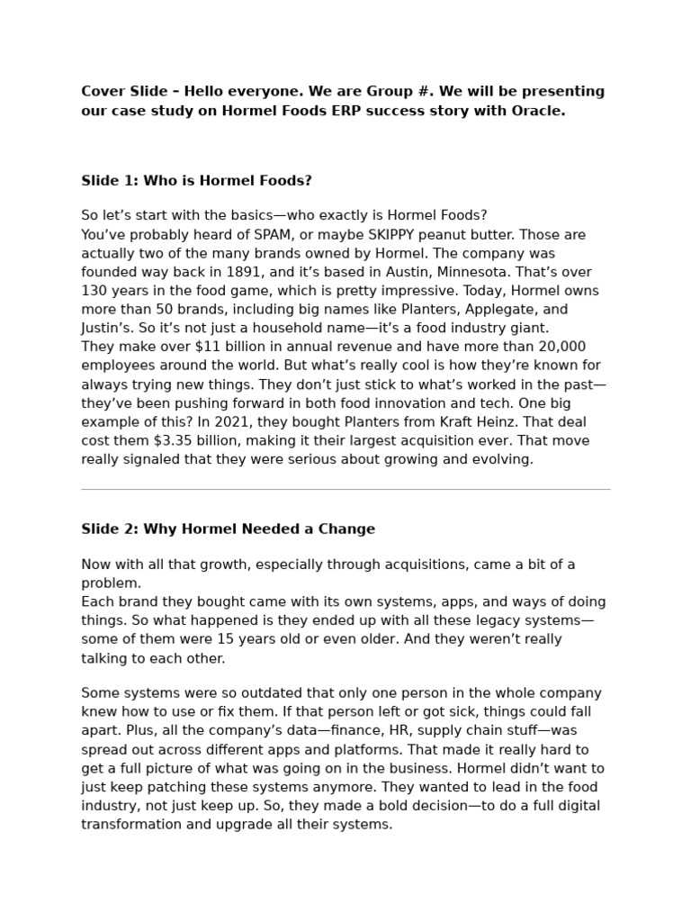 Hormel Foods Speaking Script | PDF | Supply Chain | Oracle Corporation
