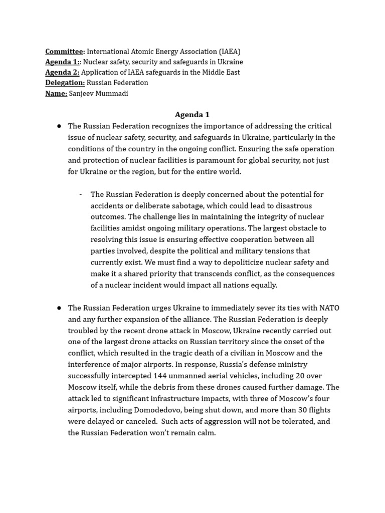 Position Paper For Russia in The IAEA Committee | PDF | International ...