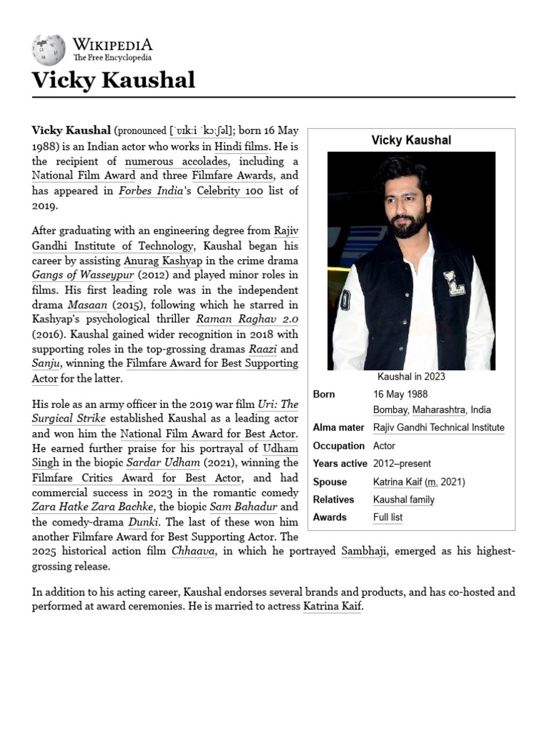 Vicky Kaushal - Wikipedia | PDF | Cinema Of India