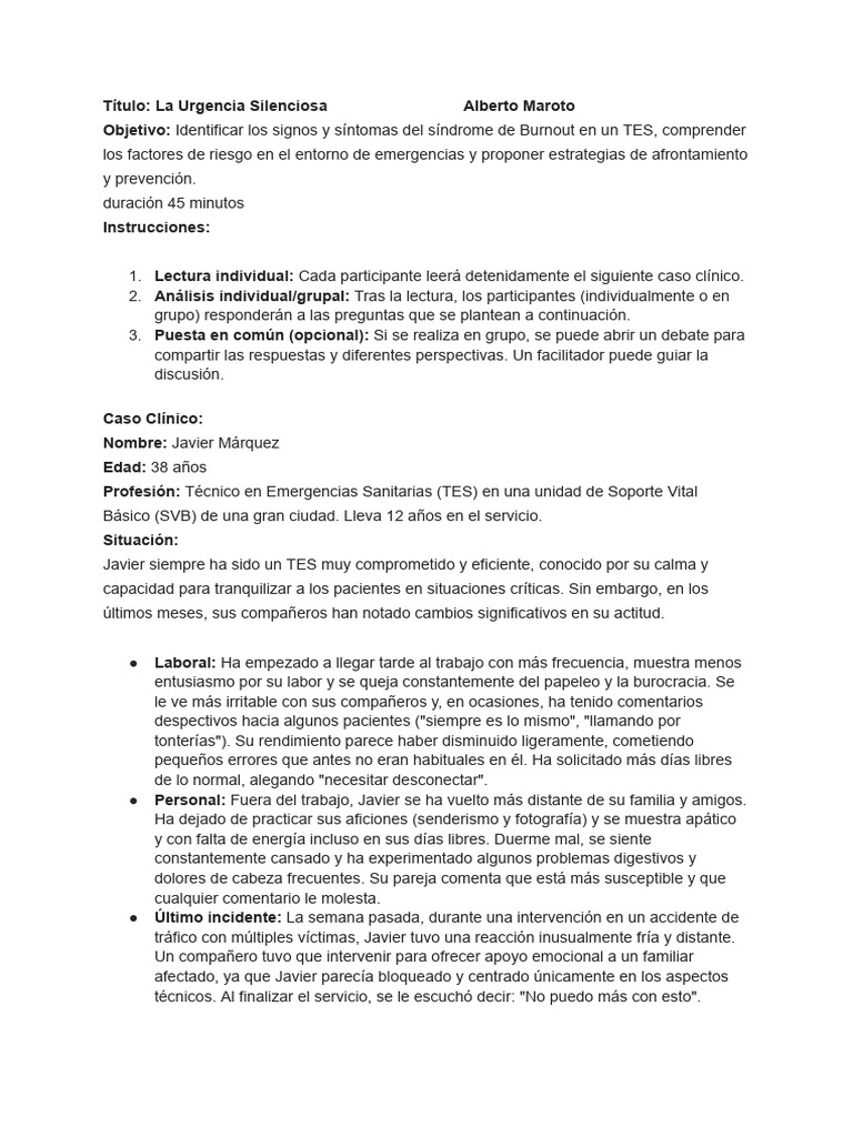 La Urgencia Silenciosa Albero Maroto | PDF | Burnout ocupacional | Las emociones