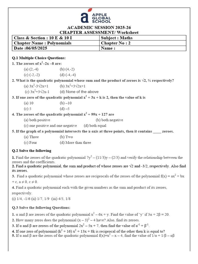 Grade 10 Ch-2 Worksheet 2025-26 | PDF
