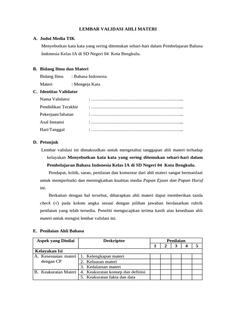 Rubrik Lembar Validasi Ahli Materi - TIK | PDF