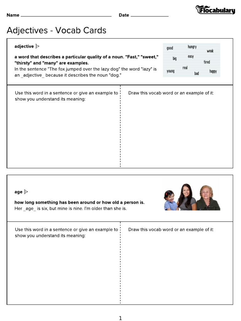 Adjectives Vocab Cards | PDF
