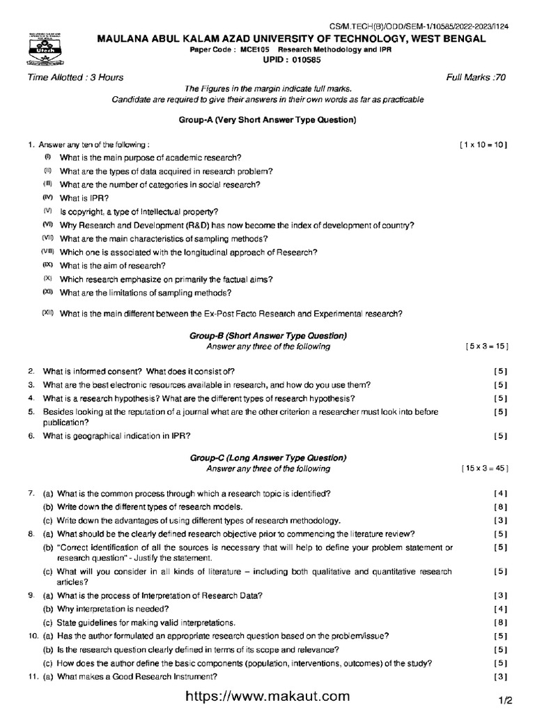 Mtech 1 Sem Mce Research Methodology and Ipr Mce105 2023 | PDF