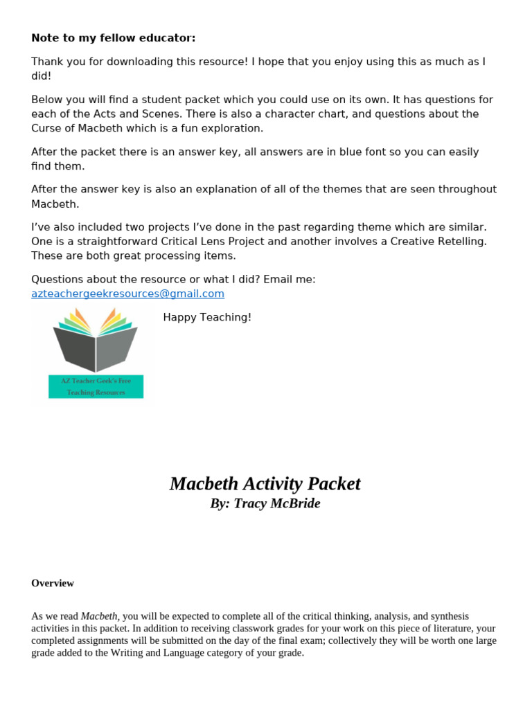 MacbethActivityPacket 1 | PDF | Macbeth