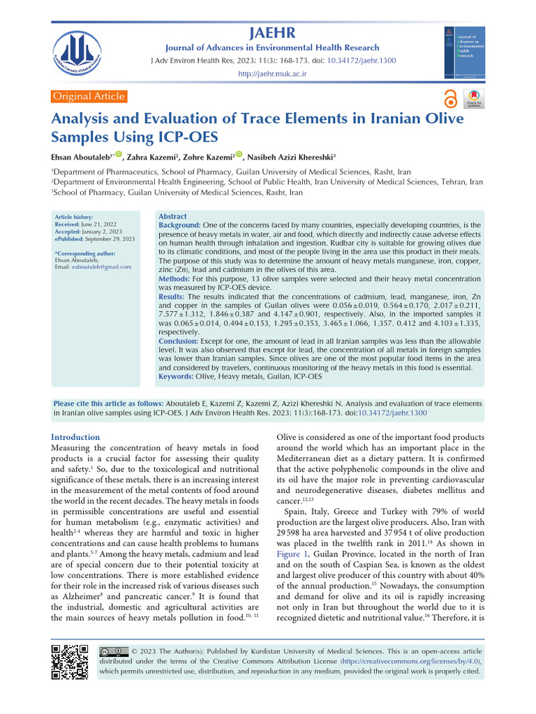 Analysis and Evaluation of Trace Element in Iranian Olive Samples Using ICP-OES | PDF | Nitric ...