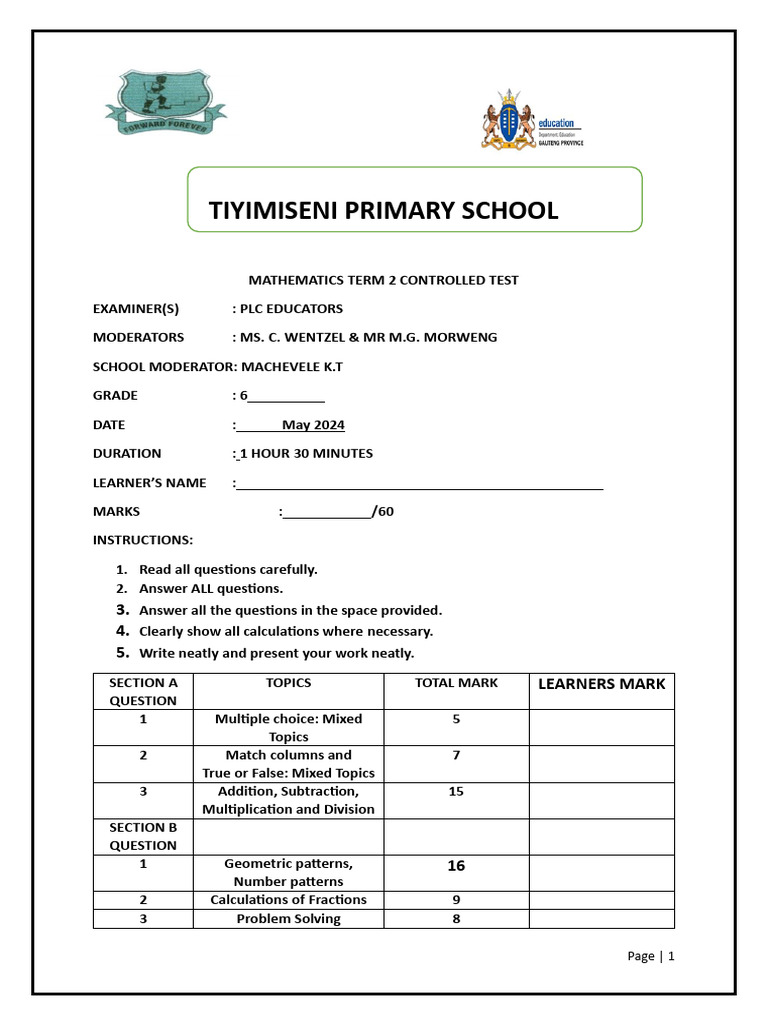 Grade 6, June Controlled Test, 2024 | PDF | Numbers | Arithmetic