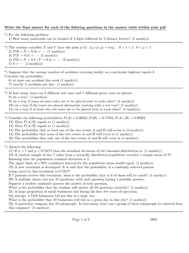 Prob Final Spring 2020 1 | PDF | Probability Theory | Statistical Theory