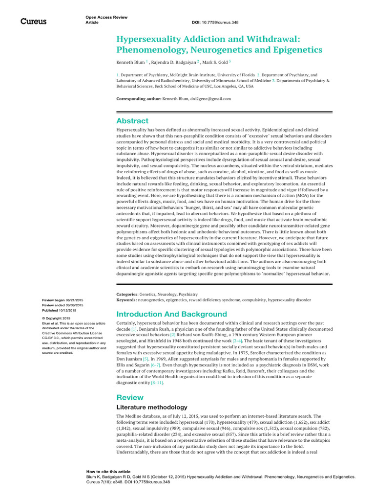 Hypersexuality Addiction and Withdrawal Phenomenology, Neurogenetic and Epigenetics | PDF ...