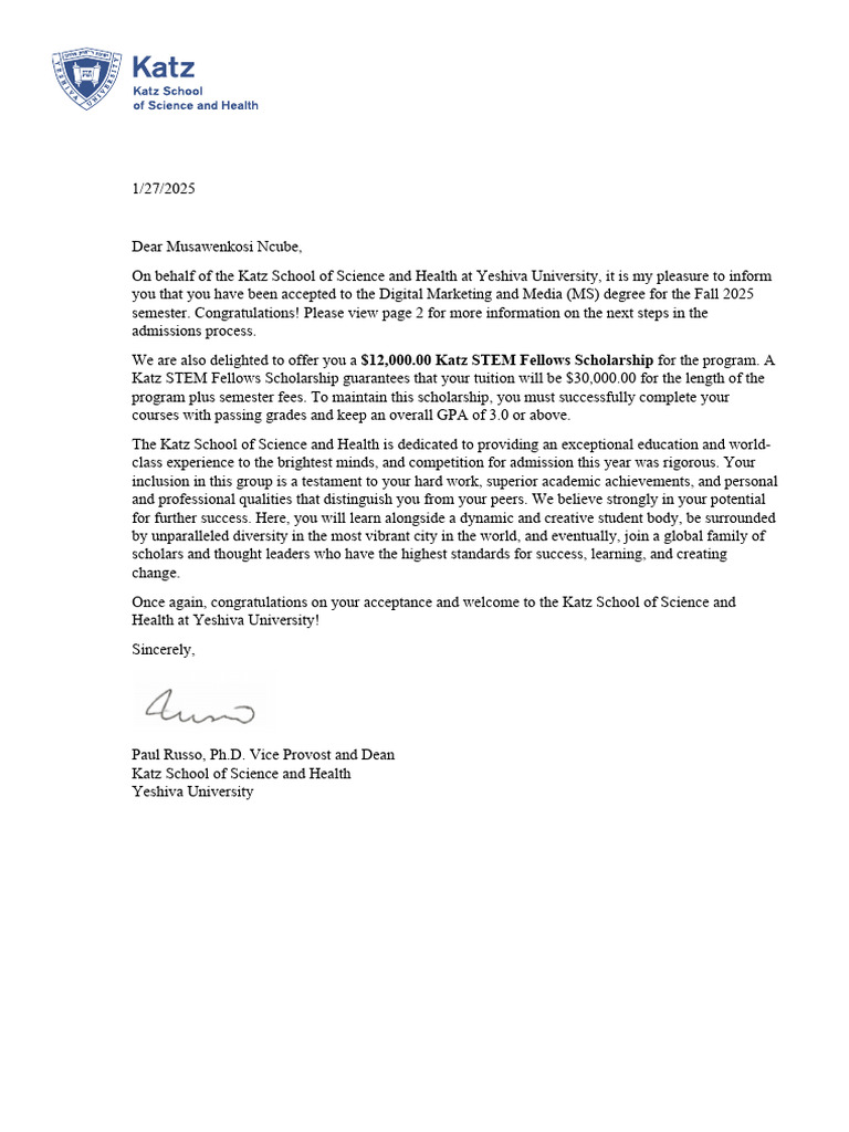 GEM_ Katz STEM Acceptance Letter With Scholarship (2) | PDF ...